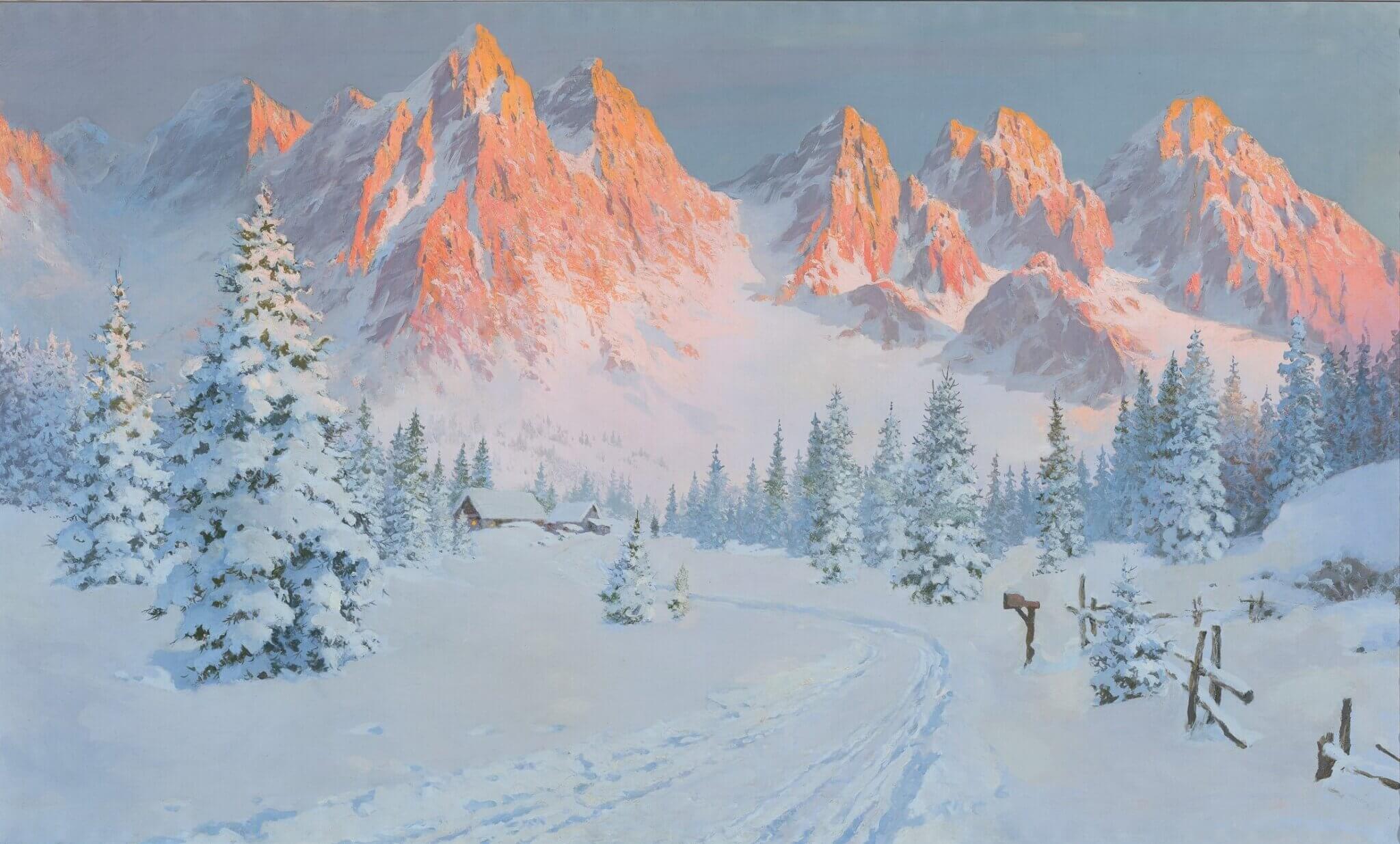 August Albo “Päikesetõus lumel”, 1950-ndad. 62 x 102 cm. – Allee galerii